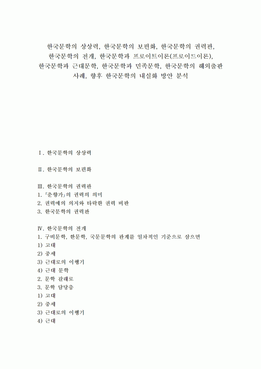 한국문학의 상상력, 한국문학의 보편화, 한국문학의 권력관, 한국문학 전개, 한국문학과 프로이트이론(프로이드이론), 한국문학과 근대문학, 한국문학과 민족문학, 한국문학 해외출판 사례, 한국문학 내실화 방안