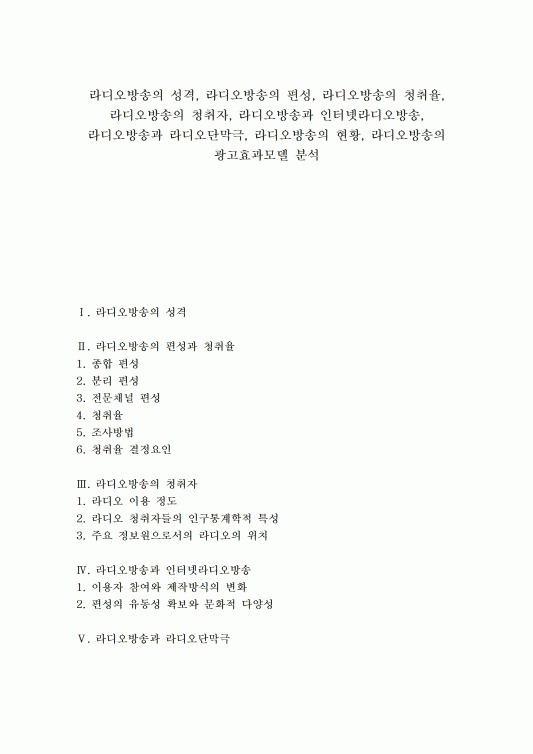 라디오방송의 성격, 라디오방송의 편성, 라디오방송의 청취율, 라디오방송의 청취자, 라디오방송과 인터넷라디오방송, 라디오방송과 라디오단막극, 라디오방송의 현황, 라디오방송의 광고효과모델 분석