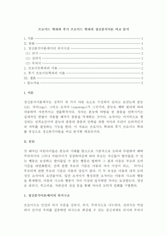 (레포트, 정신분석이론비교) 프로이드학파와 후기 프로이드학파를 비교 중심으로 정신분석이론을 정리.학파