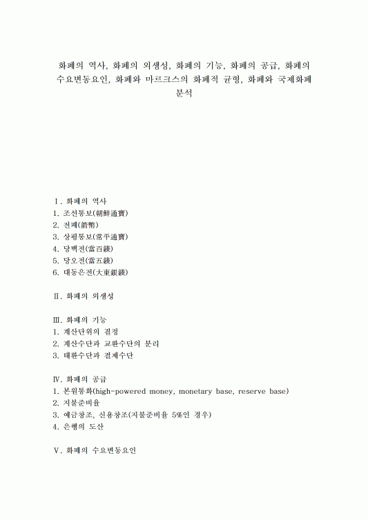 [화폐][외생성][수요변동요인][마르크스의 화폐적 균형][국제화폐]화폐의 역사, 화폐의 외생성, 화폐의 기능, 화폐의 공급, 화폐의 수요변동요인, 화폐와 마르크스의 화폐적 균형, 화폐와 국제화폐 분석