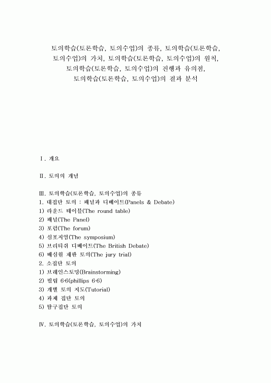 토의학습(토론학습, 토의수업)의 종류, 토의학습(토론학습, 토의수업)의 가치, 토의학습(토론학습, 토의수업)의 원칙, 토의학습(토론학습, 토의수업)의 진행과 유의점, 토의학습(토론학습, 토의수업)의 결과 분석