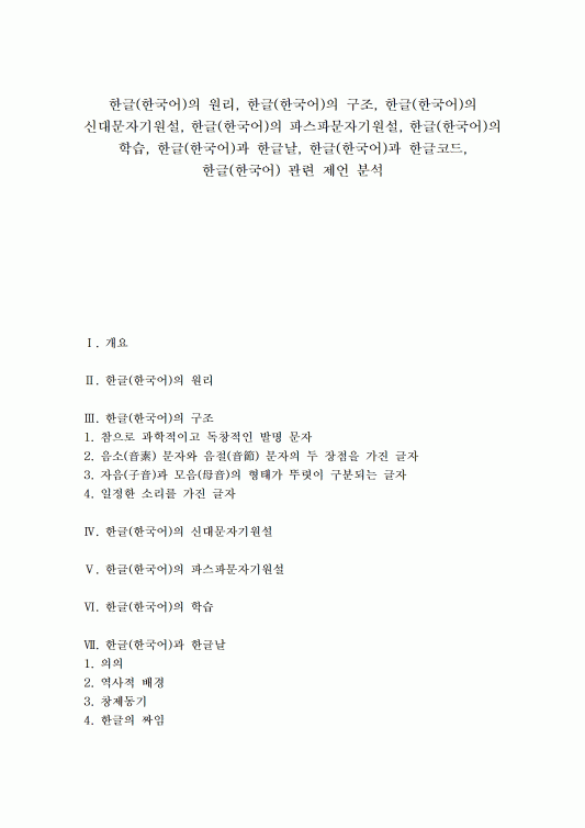 한글(한국어)의 원리, 한글(한국어)의 구조, 한글(한국어)의 신대문자기원설, 한글(한국어)의 파스파문자기원설, 한글(한국어)의 학습, 한글(한국어)과 한글날, 한글(한국어)과 한글코드, 한글(한국어) 관련 제언
