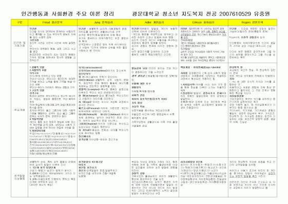 인간행동 주요이론정리도표-광운대청소년지도
