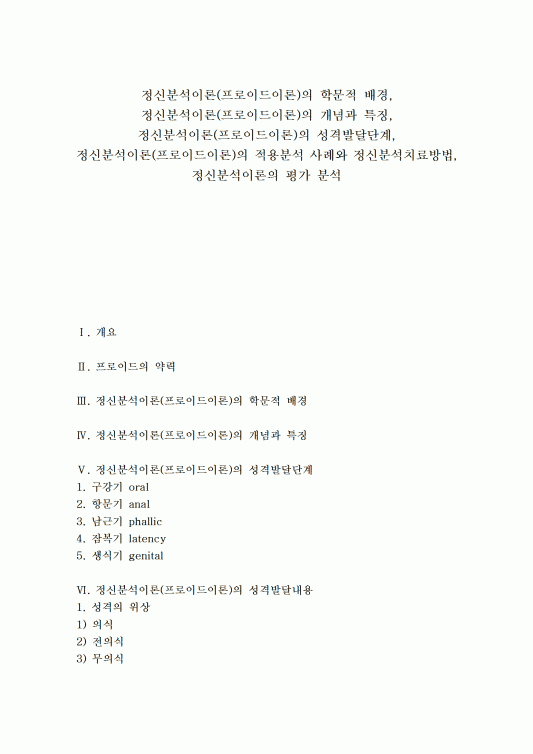 정신분석이론(프로이드이론) 학문적 배경, 정신분석이론(프로이드이론) 개념과 특징, 정신분석이론(프로이드이론) 성격발달단계, 정신분석이론(프로이드이론) 적용분석사례와 정신분석치료방법, 정신분석이론 평가