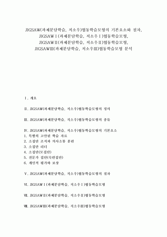 JIGSAW(과제분담학습, 직소우)협동학습모형의 기본요소와 절차, JIGSAWⅠ(과제분담학습, 직소우Ⅰ)협동학습모형, JIGSAWⅡ(과제분담학습, 직소우Ⅱ)협동학습모형, JIGSAWⅢ(과제분담학습, 직소우Ⅲ)협동학습모형