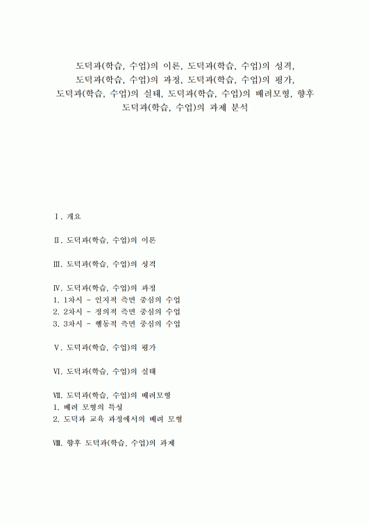 도덕과(학습, 수업)의 이론, 도덕과(학습, 수업)의 성격, 도덕과(학습, 수업)의 과정, 도덕과(학습, 수업)의 평가, 도덕과(학습, 수업)의 실태, 도덕과(학습, 수업)의 배려모형, 향후 도덕과(학습, 수업)의 과제