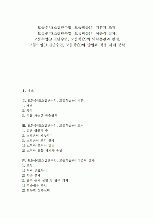 모둠수업(소집단수업, 모둠학습)의 기본과 조직, 모둠수업(소집단수업, 모둠학습)의 이론적 절차, 모둠수업(소집단수업, 모둠학습)의 역할훈련과 편성, 모둠수업(소집단수업, 모둠학습)의 방법과 적용 과제 분석
