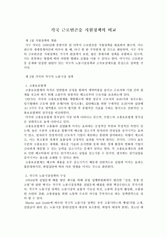 각국 근로빈곤층 지원정책의 비교