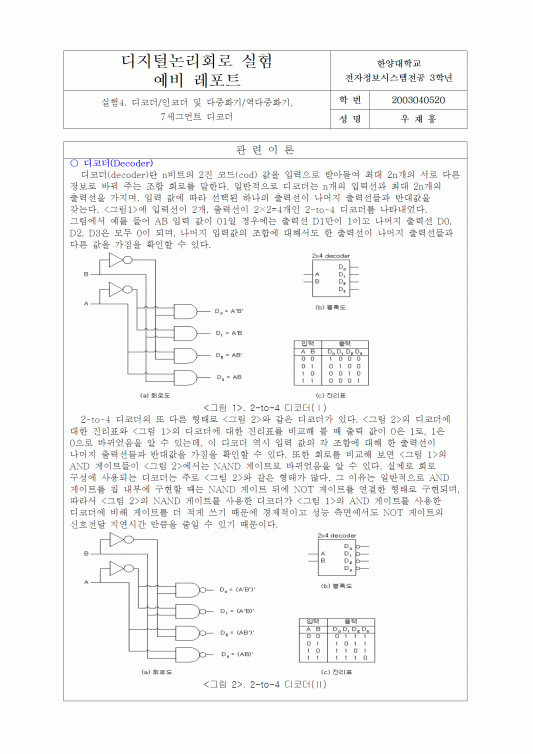[DLD실험4]디코더인코더 및 다중화기역다중화기 7세그먼트 디코더