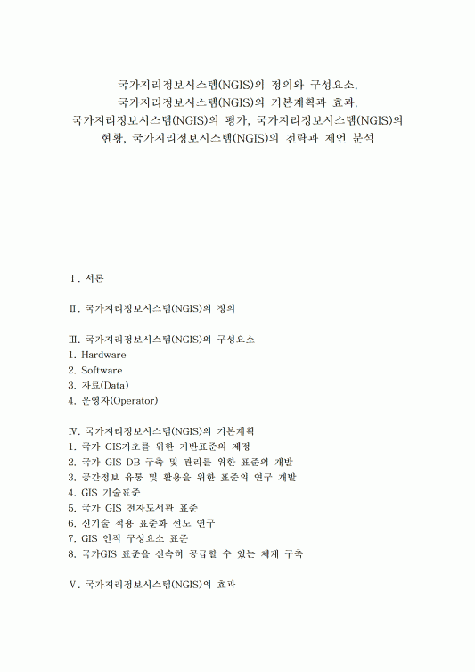 국가지리정보시스템(NGIS)의 정의와 구성요소, 국가지리정보시스템(NGIS)의 기본계획과 효과, 국가지리정보시스템(NGIS)의 평가, 국가지리정보시스템(NGIS)의 현황, 국가지리정보시스템(NGIS)의 전략과 제언 분석