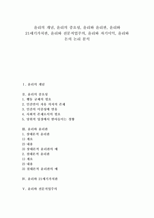 [윤리][윤리관][21세기가치관][전문직업주의][자기이익][돈의 논리]윤리의 개념, 윤리의 중요성, 윤리와 윤리관, 윤리와 21세기가치관, 윤리와 전문직업주의, 윤리와 자기이익, 윤리와 돈의 논리 분석