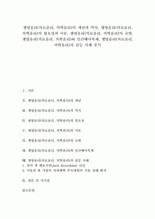 생명윤리(의료윤리, 의학윤리) 개념과 역사, 생명윤리(의료윤리, 의학윤리) 필요성과 이론, 생명윤리(의료윤리, 의학윤리) 규범, 생명윤리(의료윤리, 의학윤리)와 인간배아복제, 생명윤리(의료윤리) 갈등 사례 분석