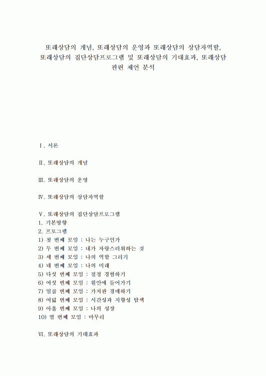 [또래상담][상담자역할][집단상담프로그램][또래상담의 기대효과]또래상담의 개념, 또래상담의 운영과 또래상담의 상담자역할, 또래상담의 집단상담프로그램 및 또래상담의 기대효과, 또래상담 관련 제언 분석