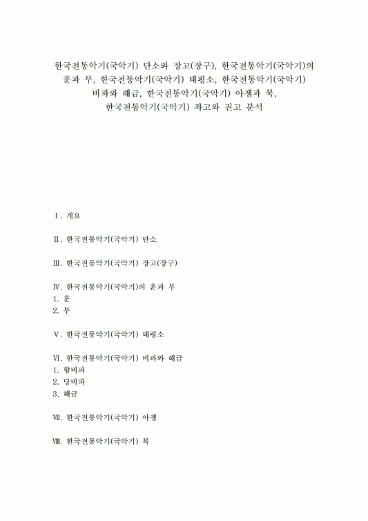 한국전통악기(국악기) 단소와 장고(장구), 한국전통악기(국악기)의 훈과 부, 한국전통악기(국악기) 태평소, 한국전통악기(국악기) 비파와 해금, 한국전통악기(국악기) 아쟁과 북, 한국전통악기 좌고와 진고 분석