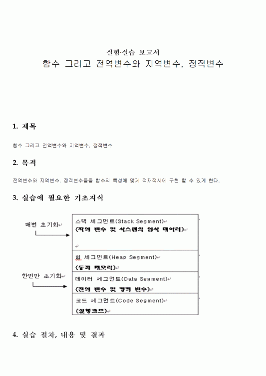 실험․실습 보고서 함수 그리고 전역변수와 지역변수, 정적변수