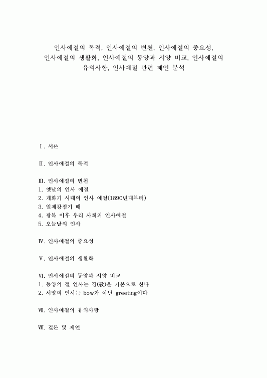 [인사예절][인사예절의 동양과 서양 비교][인사예절 관련 제언]인사예절의 목적, 인사예절의 변천, 인사예절의 중요성, 인사예절의 생활화, 인사예절의 동양과 서양 비교, 인사예절의 유의사항, 인사예절 관련 제언