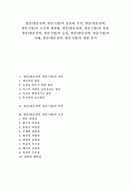 발문(발문전략, 발문기법) 종류와 목적, 발문(발문전략, 발문기법) 조건과 계열화, 발문(발문전략, 발문기법)과 칭찬, 발문(발문전략, 발문기법)과 응답, 발문(발문전략, 발문기법) 사례, 발문(발문전략) 방법 분석