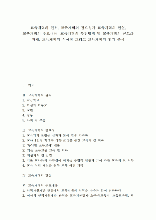 [교육개혁][교육혁신][교육과정]교육개혁의 원칙, 교육개혁의 필요성과 교육개혁의 현실, 교육개혁의 주요내용, 교육개혁의 추진방법 및 교육개혁의 공고화 과제, 교육개혁의 시사점 그리고 교육개혁의 평가 분석