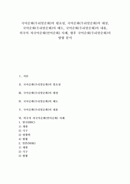 국어순화(우리말순화)의 필요성, 국어순화(우리말순화)의 대상, 국어순화(우리말순화)의 태도, 국어순화(우리말순화)의 내용, 외국의 자국어순화(언어순화) 사례, 향후 국어순화(우리말순화)의 방향 분석