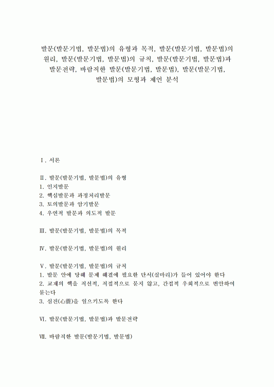 발문(발문기법, 발문법) 유형과 목적, 발문(발문기법, 발문법) 원리, 발문(발문기법, 발문법) 규칙, 발문(발문기법, 발문법)과 발문전략, 바람직한 발문(발문기법, 발문법), 발문(발문기법, 발문법) 모형과 제언