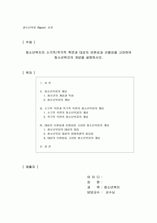 청소년복지의 소극적, 적극적 측면과 대상의 보편성 및 선별성을 고려한 청소년복지의 개념 (청소년복지론 중간고사 레포트)