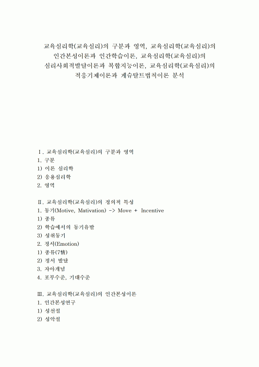 교육심리학(교육심리)의 구분과 영역, 교육심리학(교육심리)의 인간본성이론과 인간학습이론, 교육심리학(교육심리) 심리사회적발달이론과 복합지능이론, 교육심리학(교육심리) 적응기제이론과 게슈탈트법칙이론