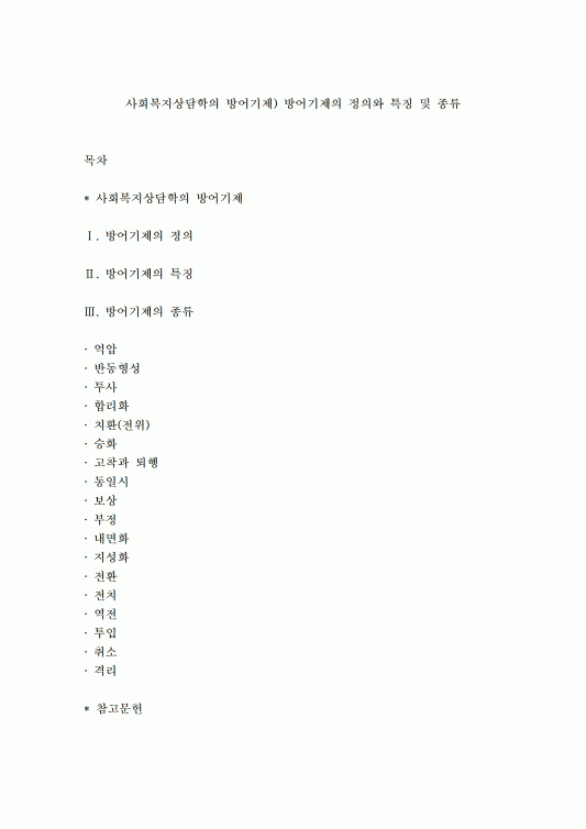 사회복지상담학의 방어기제) 방어기제의 정의와 특징 및 종류