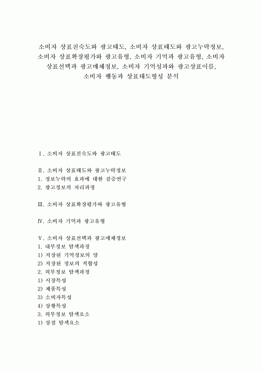 소비자 상표친숙도,광고태도, 소비자 상표태도,광고누락정보, 소비자 상표확장평가,광고유형, 소비자 기억,광고유형, 소비자 상표선택,광고매체정보, 소비자 기억성과와 광고상표이름, 소비자 행동과 상표태도형성