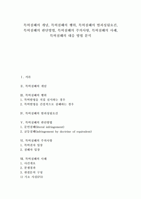 [특허침해][특허침해 사례][특허침해 대응방법]특허침해의 개념, 특허침해의 행위, 특허침해의 범죄성립요건, 특허침해의 판단방법, 특허침해의 주의사항, 특허침해의 사례, 특허침해의 대응 방법 분석