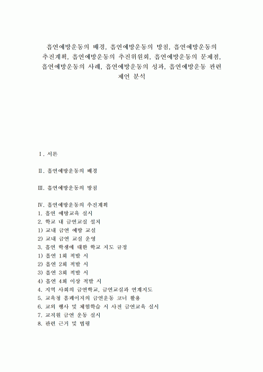 [흡연예방운동]흡연예방운동의 배경, 흡연예방운동의 방침, 흡연예방운동의 추진계획, 흡연예방운동의 추진위원회, 흡연예방운동의 문제점, 흡연예방운동의 사례, 흡연예방운동의 성과, 흡연예방운동 관련 제언