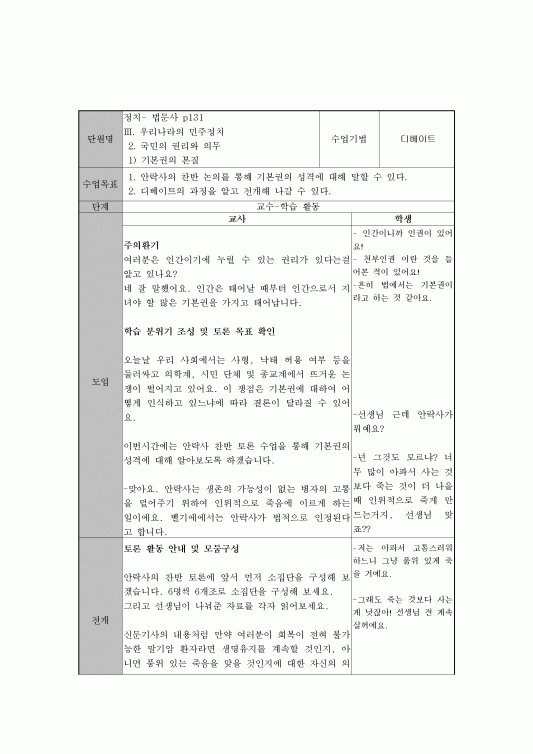 정치, 기본권의 본질 - 디베이트지도안
