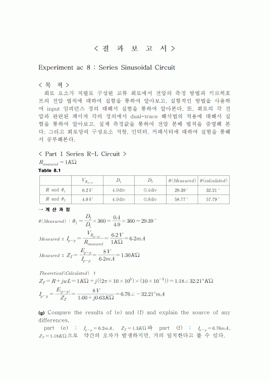 결과 실험8 Experiment ac 8  Series Sinusoidal Circuit