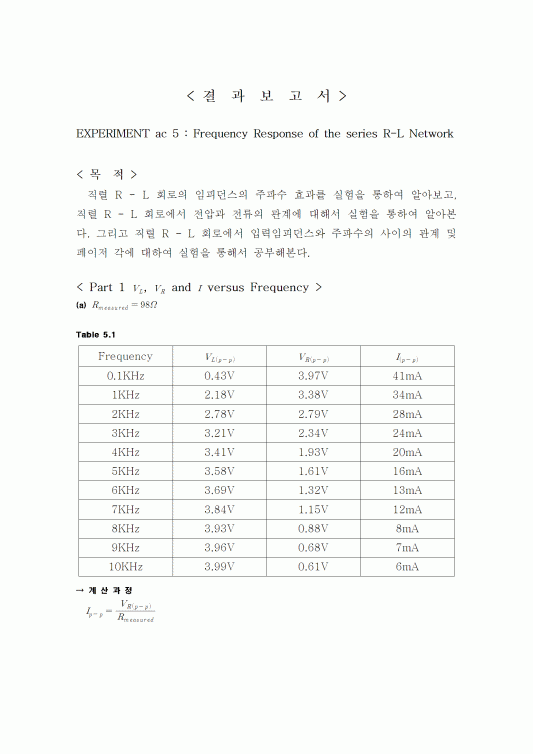 결과 실험5 EXPERIMENT ac 5  Frequency Response of the series RL Network
