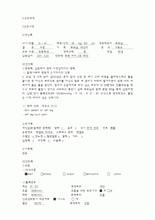 화상 케이스스터디입니다. 문헌고찰과 간호과정으로이루어집니다. 간호진단은 6개 내려보았습니다.