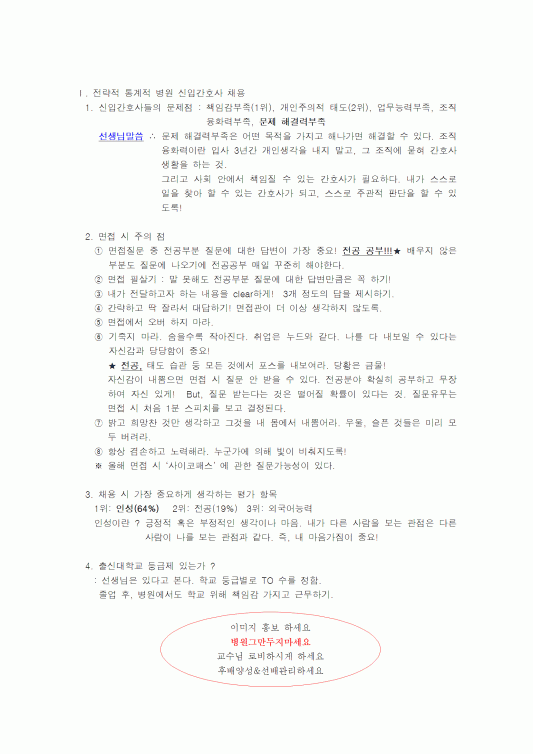 병원취업 면접질문정보(서울주요대학병원/대구경북권대학병원)