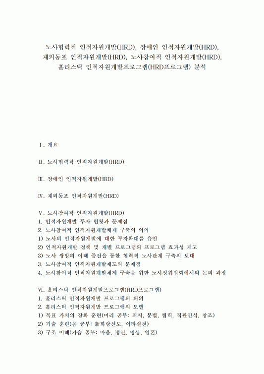 [인적자원개발][HRD]노사협력적 인적자원개발(HRD), 장애인 인적자원개발(HRD), 재외동포 인적자원개발(HRD), 노사참여적 인적자원개발(HRD), 홀리스틱 인적자원개발프로그램(HRD프로그램) 분석