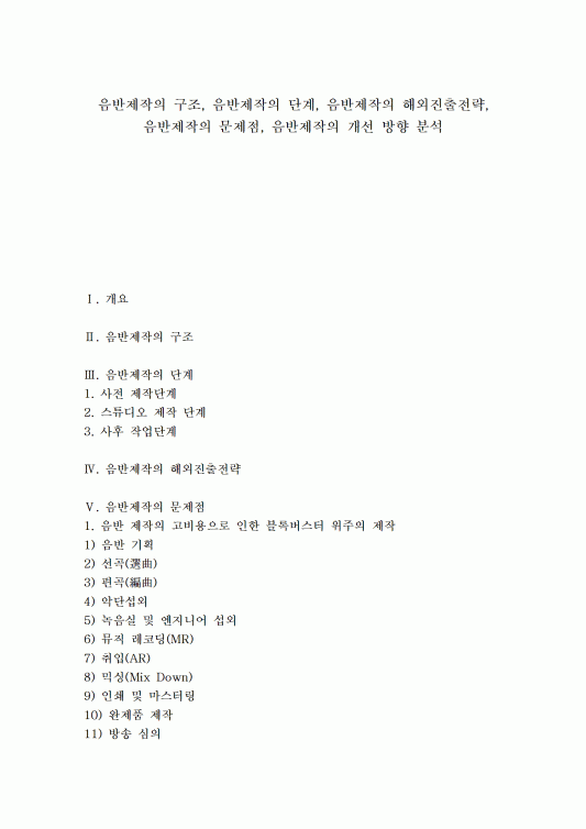 [음반제작][음반제작 구조][음반제작 단계][음반제작 해외진출전략][음반제작 문제점][음반제작 개선방향]음반제작의 구조, 음반제작의 단계, 음반제작의 해외진출전략, 음반제작의 문제점, 음반제작의 개선 방향