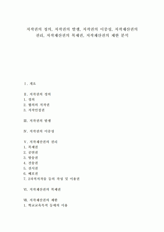 [저작권][저작재산권][저작권 이중성][저작재산권 권리][저작재산권 복제권][저작재산권 제한]저작권의 정의, 저작권의 발생, 저작권의 이중성, 저작재산권의 권리, 저작재산권의 복제권, 저작재산권의 제한 분석