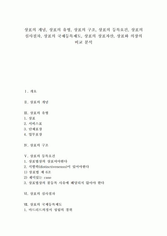 [상표][등록요건][심사절차][국제등록제도][상표자산][의장]상표의 개념, 상표의 유형, 상표의 구조, 상표의 등록요건, 상표의 심사절차, 상표의 국제등록제도, 상표의 상표자산, 상표와 의장의 비교 분석