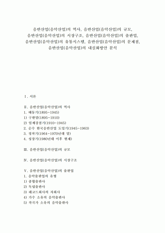 음반산업(음악산업)의 역사, 음반산업(음악산업)의 규모, 음반산업(음악산업) 시장구조, 음반산업(음악산업) 출판업, 음반산업(음악산업) 유통시스템, 음반산업(음악산업) 문제점, 음반산업(음악산업) 내실화방안