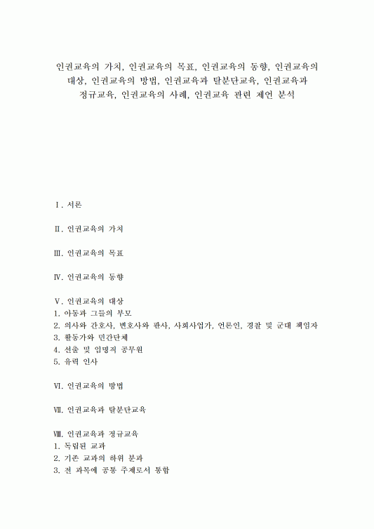 [인권교육][인권지도][인권]인권교육의 가치, 인권교육의 목표, 인권교육의 동향, 인권교육의 대상, 인권교육의 방법, 인권교육과 탈분단교육, 인권교육과 정규교육, 인권교육의 사례, 인권교육 관련 제언 분석