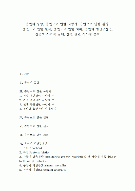 [흡연][금연][담배][임산부흡연][니코틴][천식][폐암]흡연의 동향, 흡연으로 인한 사망자, 흡연으로 인한 질병, 흡연으로 인한 천식, 흡연으로 인한 피해, 흡연의 임산부흡연, 흡연의 사회적 규제, 흡연 관련 시사점