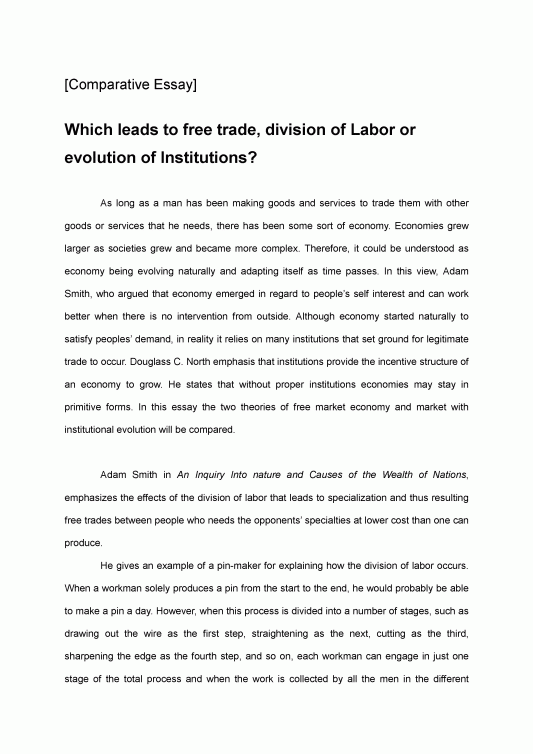 Which leads to free trade, division of Labor or evolution of institutions?