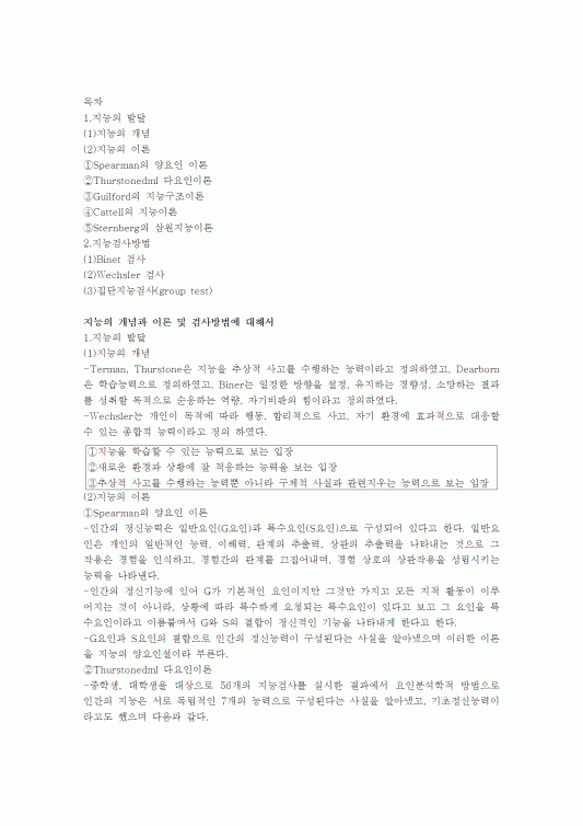 지능의 개념과 이론 및 검사방법에 대해서