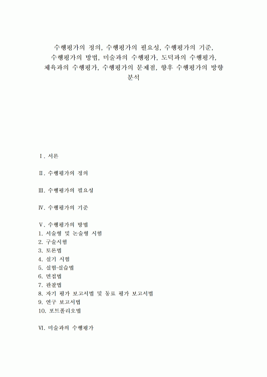 [수행평가]수행평가의 정의, 수행평가의 필요성, 수행평가의 기준, 수행평가의 방법, 미술과의 수행평가, 도덕과의 수행평가, 체육과의 수행평가, 수행평가의 문제점, 향후 수행평가의 방향 분석(수행평가)