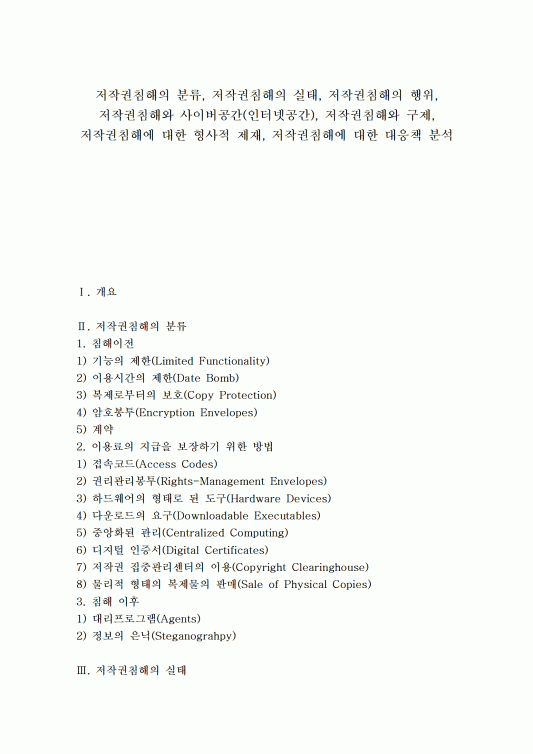 [저작권침해]저작권침해의 분류, 저작권침해의 실태, 저작권침해의 행위, 저작권침해와 사이버공간(인터넷공간), 저작권침해와 구제, 저작권침해에 대한 형사적 제재, 저작권침해에 대한 대응책 분석
