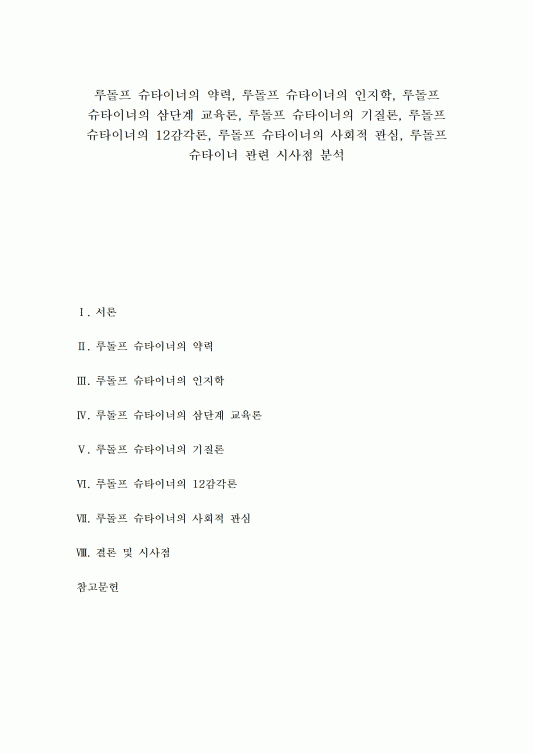 루돌프 슈타이너의 약력, 루돌프 슈타이너의 인지학, 루돌프 슈타이너의 삼단계 교육론, 루돌프 슈타이너의 기질론, 루돌프 슈타이너의 12감각론, 루돌프 슈타이너의 사회적 관심, 루돌프 슈타이너 관련 시사점