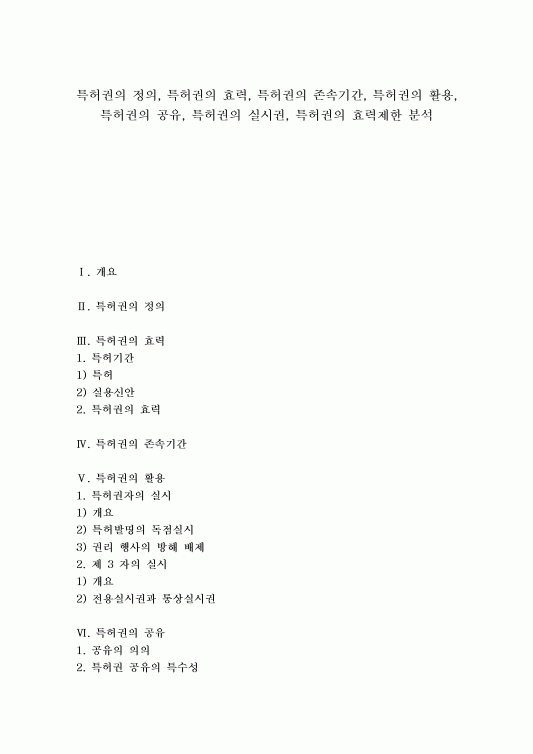 [특허권][특허권 존속기간][특허권 활용][특허권 공유][특허권 실시권][특허권 효력제한]특허권의 정의, 특허권의 효력, 특허권의 존속기간, 특허권의 활용, 특허권의 공유, 특허권의 실시권, 특허권 효력제한 분석
