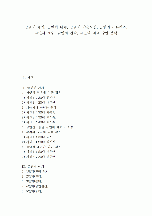 [금연][금연 계기][금연 단계][금연 약물요법][금연과 스트레스][금연과 체중][금연 전략][금연 제고방안]금연의 계기, 금연의 단계, 금연의 약물요법, 금연과 스트레스, 금연과 체중, 금연의 전략, 금연의 제고방안