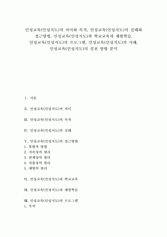 인성교육(인성지도)의 의미와 목적, 인성교육(인성지도)의 실태와 접근방법, 인성교육(인성지도)과 학교교육과 체험학습, 인성교육(인성지도)의 프로그램, 인성교육(인성지도) 사례, 인성교육(인성지도) 실천 방향